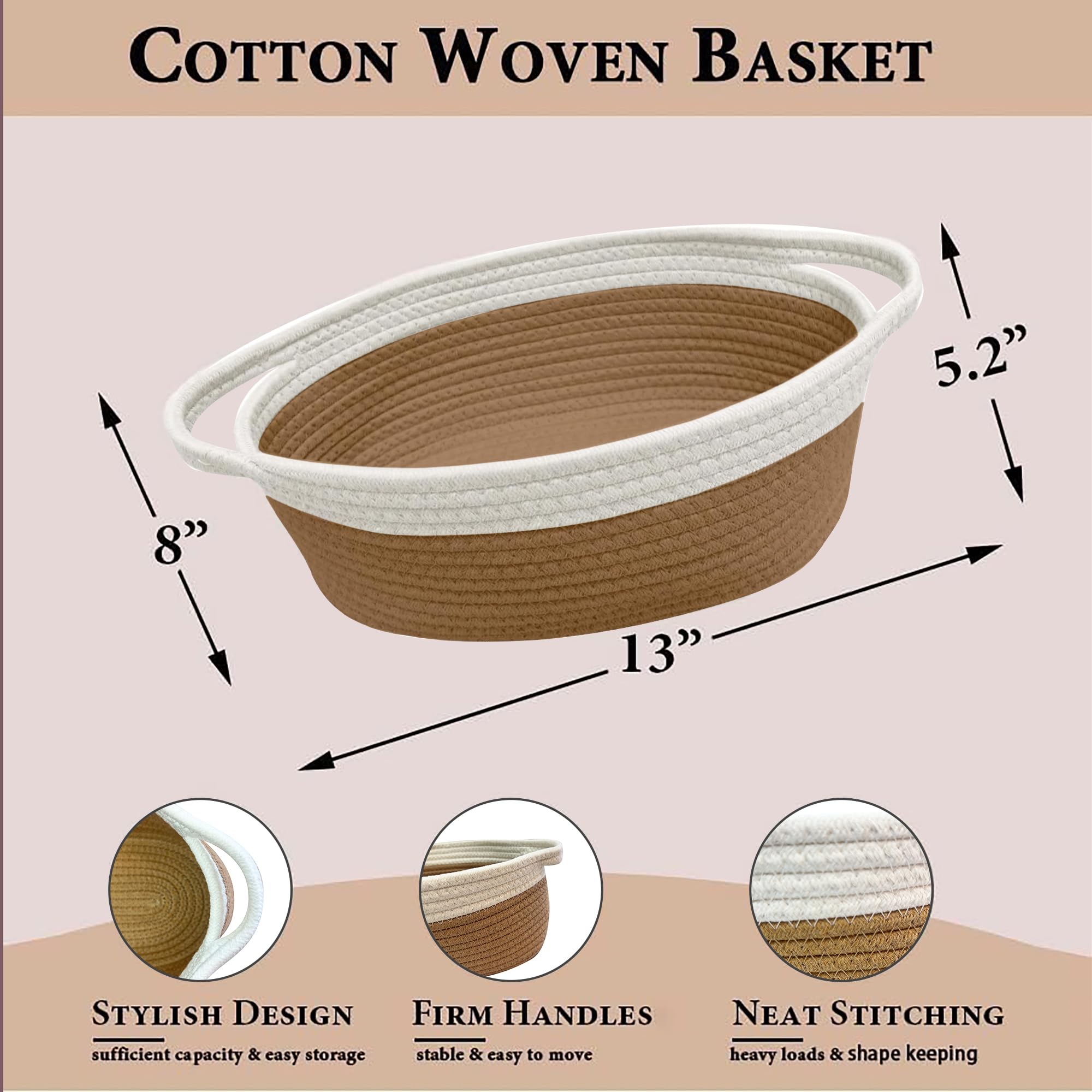 GiftExpress Brown & White Woven Basket - 13" x 8" x 5" Cotton Rope Organizing Baskets for Baby Items or Cat & Dog Toys - Cute Soft Gift Storage Bin w/ Handles