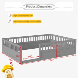 Floor Bed for Kids, Full Size Montessori Bed with High Fence Railings, Wood Playhouse Bed with Rails for Baby Boys Girls Teens, No Slats Included, Gray