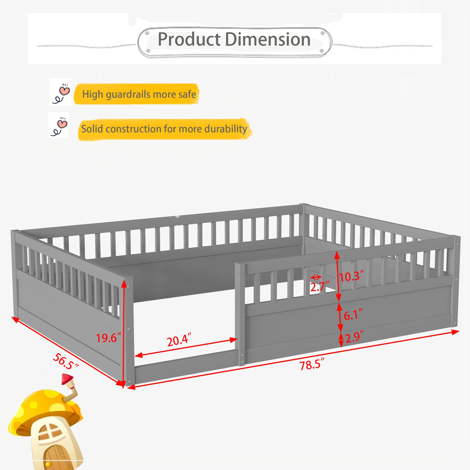 Floor Bed for Kids, Full Size Montessori Bed with High Fence Railings, Wood Playhouse Bed with Rails for Baby Boys Girls Teens, No Slats Included, Gray