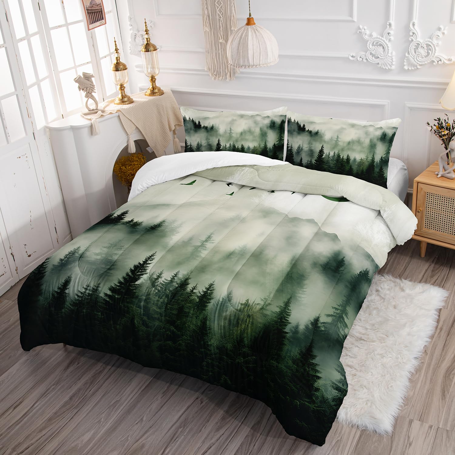 AILONEN 3D Forest Comforter Set Twin Size, Mist Nature and Woodland Bedding Set for Room Decor,Fantasy Moon & Bird Super Soft Duvet Set,1 Pale Green Quilt with 2 Pillowcases,3-Piece