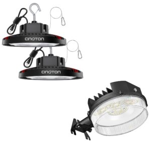 cinoton 42w led barn light dusk to dawn outdoor lighting, black 1 pack & 160w led high bay lights 2 pack