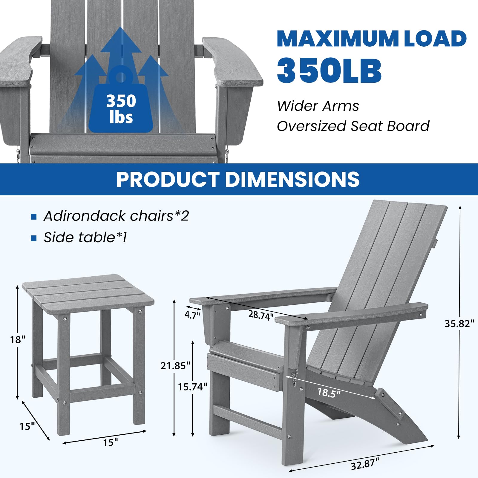 Folding Adirondack Chair Set of 2 with Table Weather Resistant Foldable Fire Pit Chairs HDPE Outdoor Adirondack Chair for Patio Front Porch Pool Garden Deck Fire Pit Outside, Light Grey