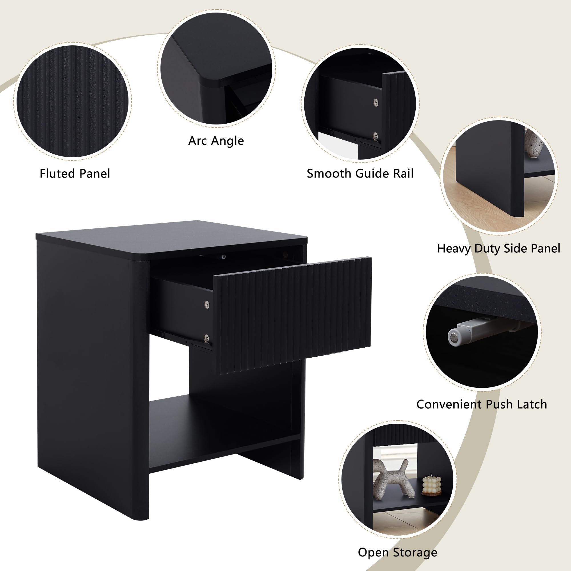 affeivul Modern Night Stand Set 2 with Drawer, Black Nightstand for Bedroom, Small End Table with Storage, Living Room/Bed Side Table with Drawer for Small Spaces, Fluted Cabinet Wood Nightstand