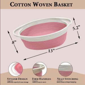 GIFTEXPRESS Pink & White Woven Basket - 13" x 8" x 5" Cotton Rope Organizing Baskets for Baby Items or Cat & Dog Toys - Cute Soft Gift Storage Bin w/Handles