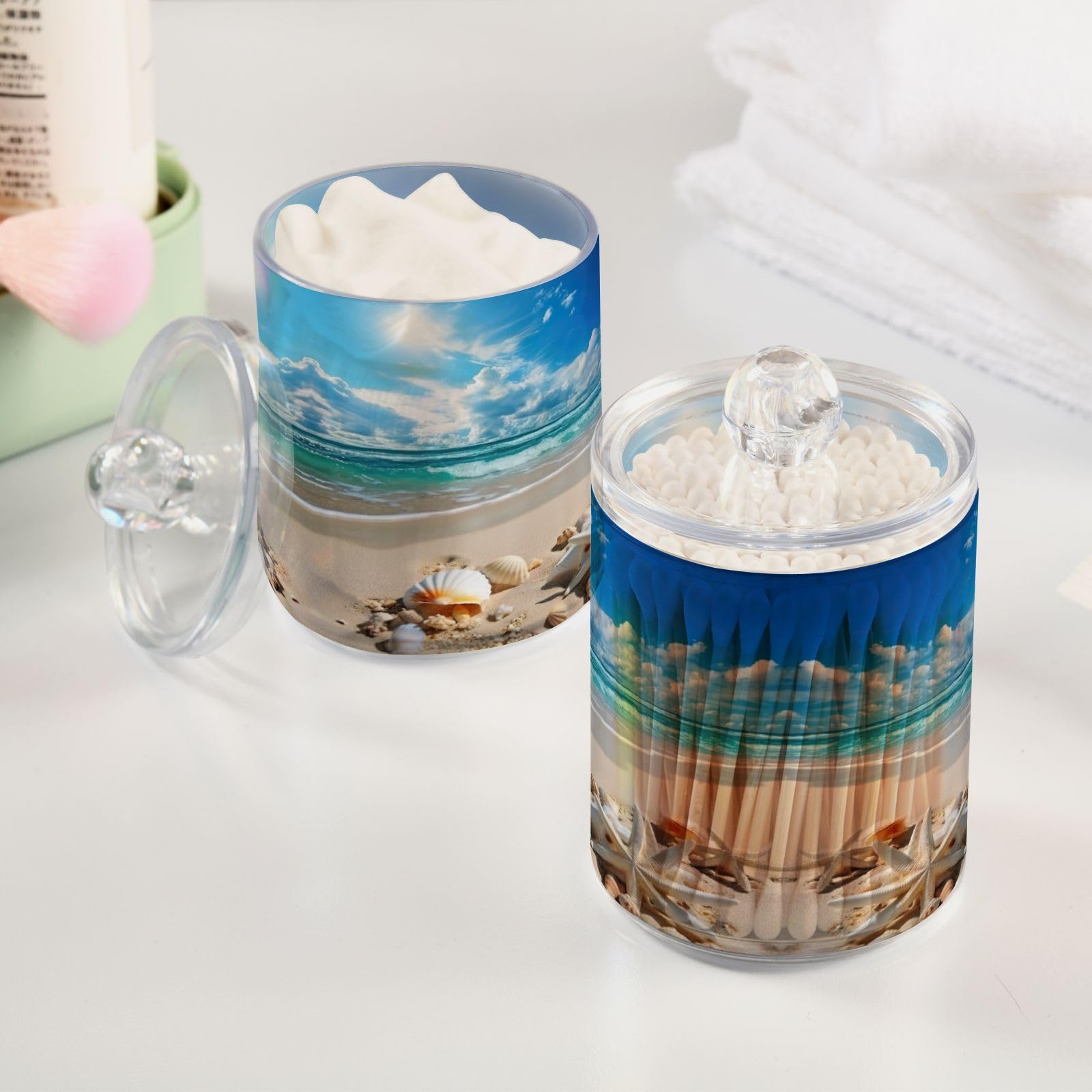 GOODOLD Beautiful Beach Scene Qtip Holder 2 Pack - 10 Oz Clear Plastic Apothecary Jar Set for Bathroom Organization - Versatile Canister Storage for Cotton Balls, Swabs, Rounds