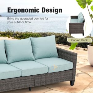 SUNSITT Patio Furniture Set 7-pcs Outdoor Furniture Conversation Sets with Lift Dining Table Wicker Patio Furniture Outdoor Couch Grey Rattan Light Cyan Cushion for Garden, Backyard, Lawn