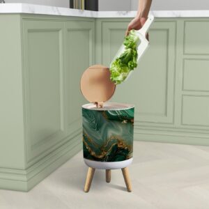 PHAIBHKERP Trash Can with Lid Abstract Luxury Marble Art marbling Texture Green Gold 3D Garbage Can Round Waste Bin Press Cover Dog Proof Wastebasket for Kitchen Bathroom Living Room Nursery 1.8gal