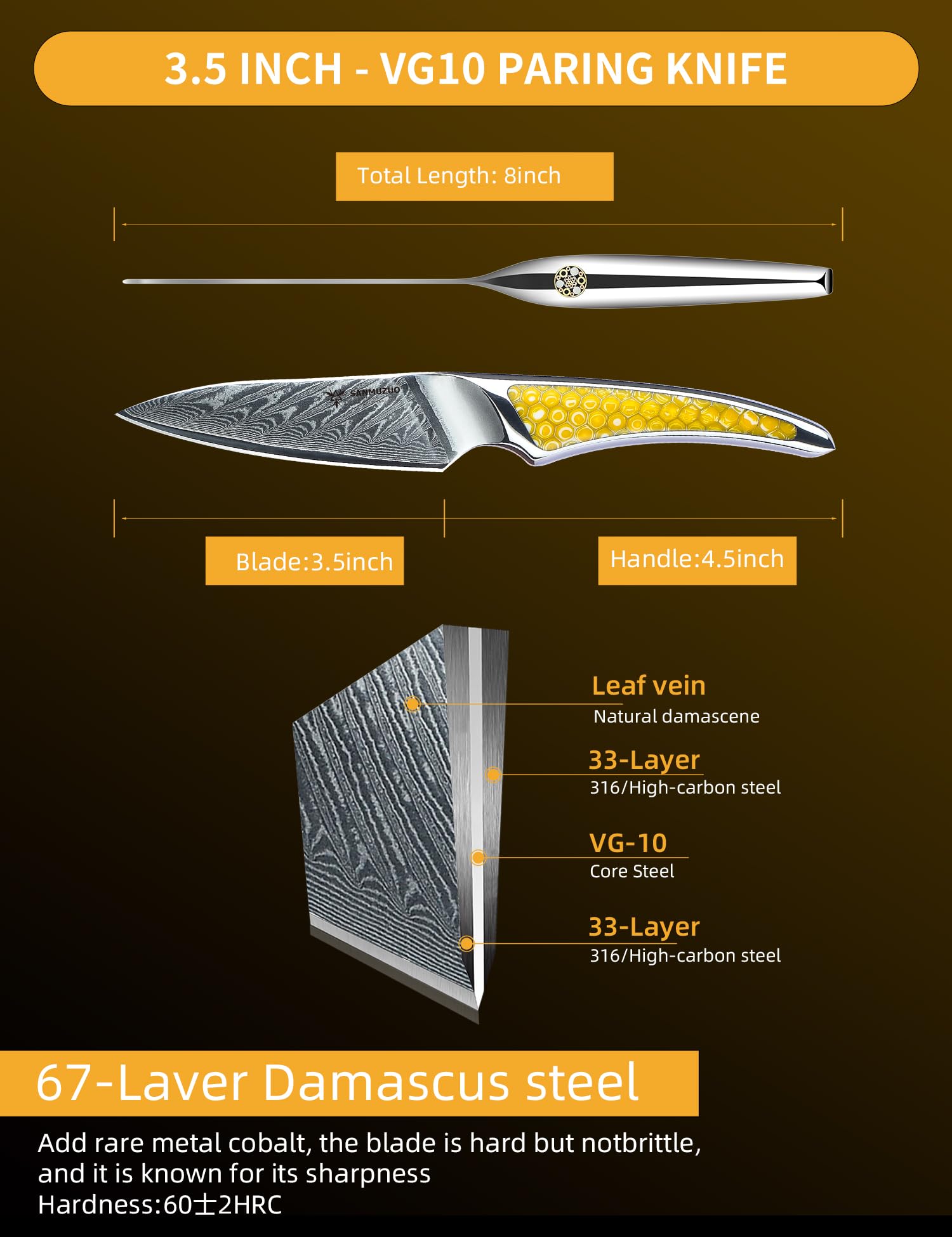 SANMUZUO 3.5 inch Paring Knife, Japanese VG-10 Damascus Steel Kitchen Knife, Ultra Sharp Fruit Knife with Full-tang Handle in Yellow Resin, LA-S9 Series