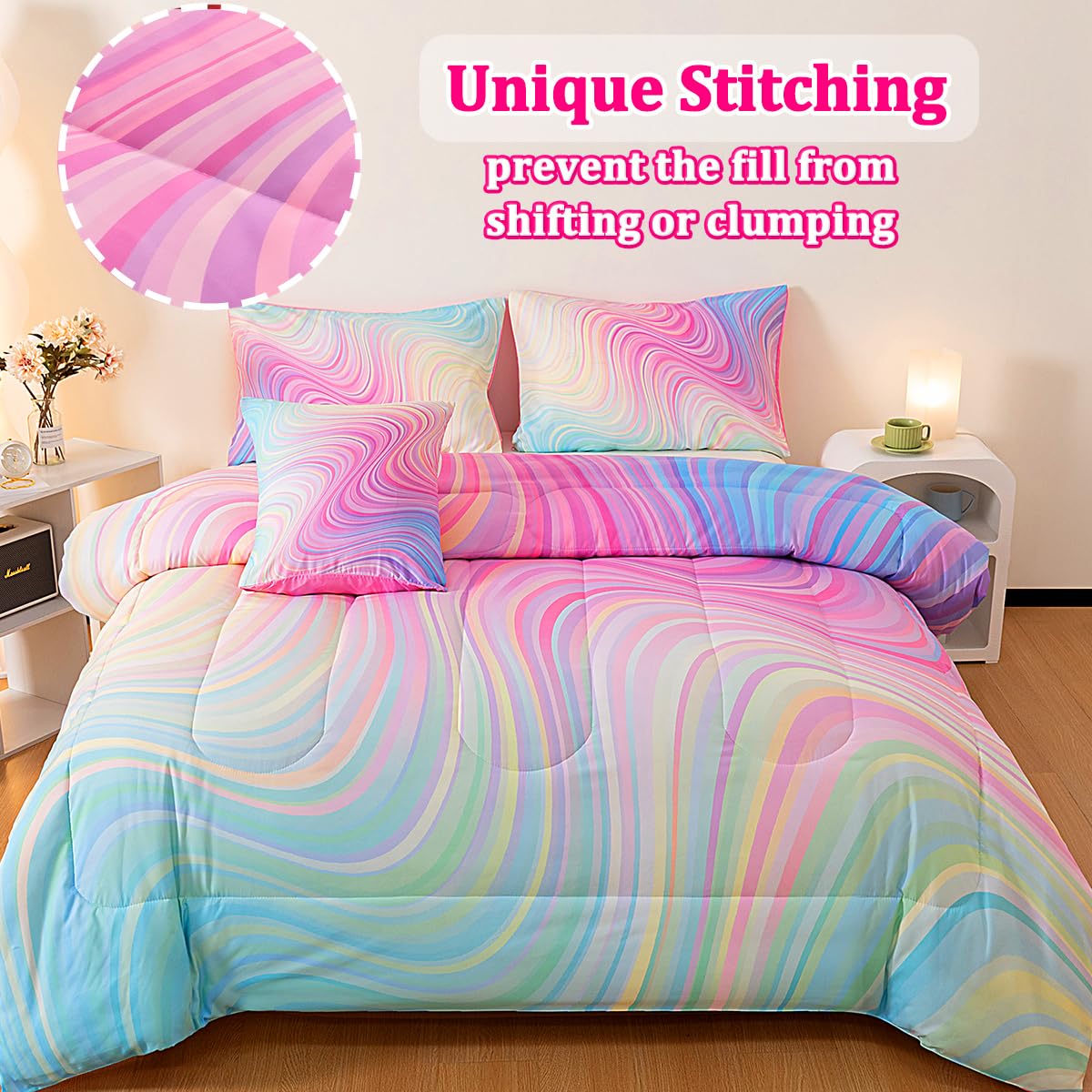 Girls Full Bedding Sets, 6 Pcs Pink Full Szie Comforter Set with Sheets, Tie Dye Superior Blue Pink Rainbow Bedding Set for Girls Kids