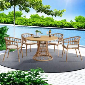 me2 5-piece outdoor patio furniture dining set, all-weather simple bamboo conversation set with soft cushions anddining table for backyard deck for patios, backyard, balcony, garden, lawn