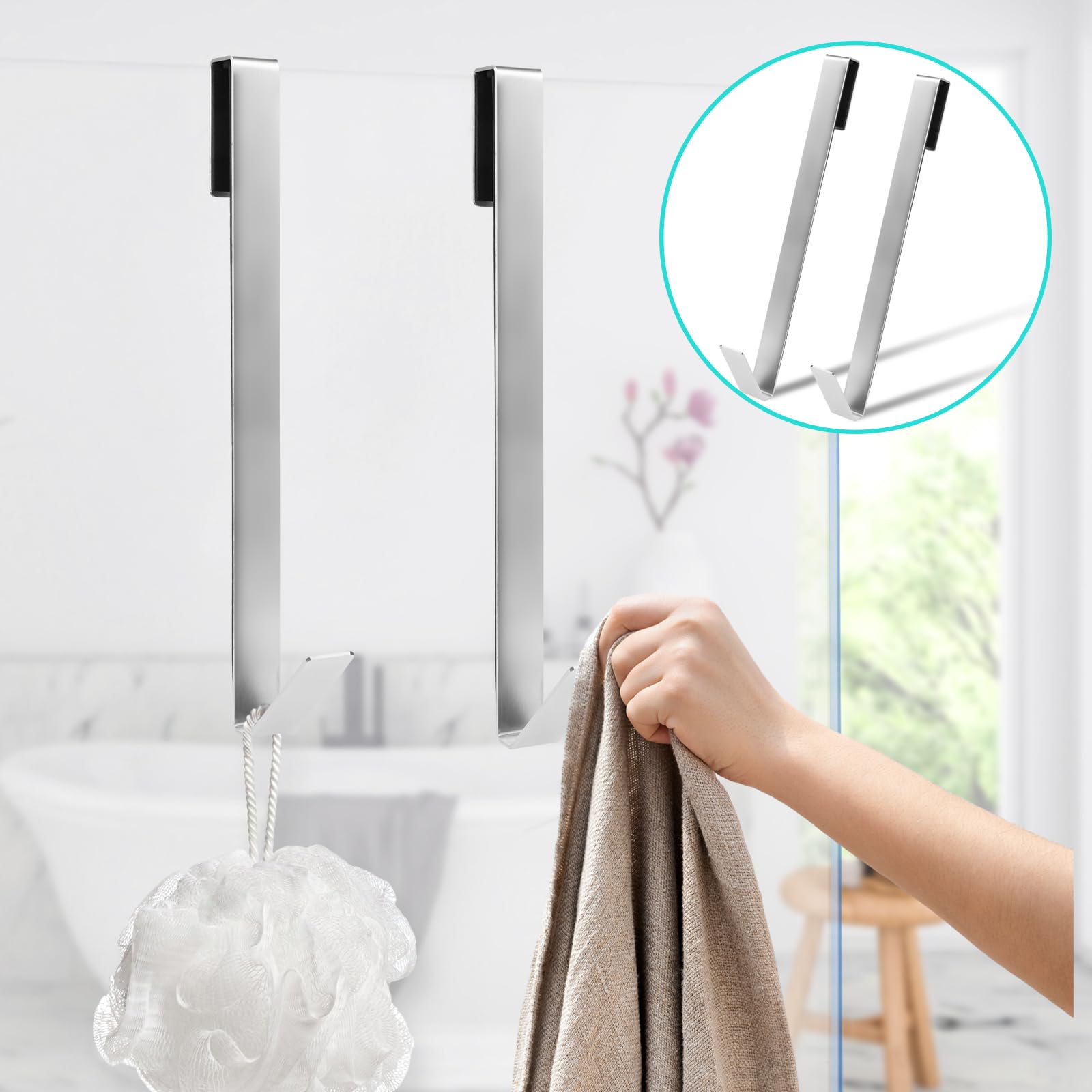 Qianyu 2 Pack 10 Inch Shower Door Hooks Towel Hooks for Bathrooms Extended Heavy Duty Drilling-Free Shower Robe Hook Suitable for Frameless Glass Shower Door Over The Door Towel Rack