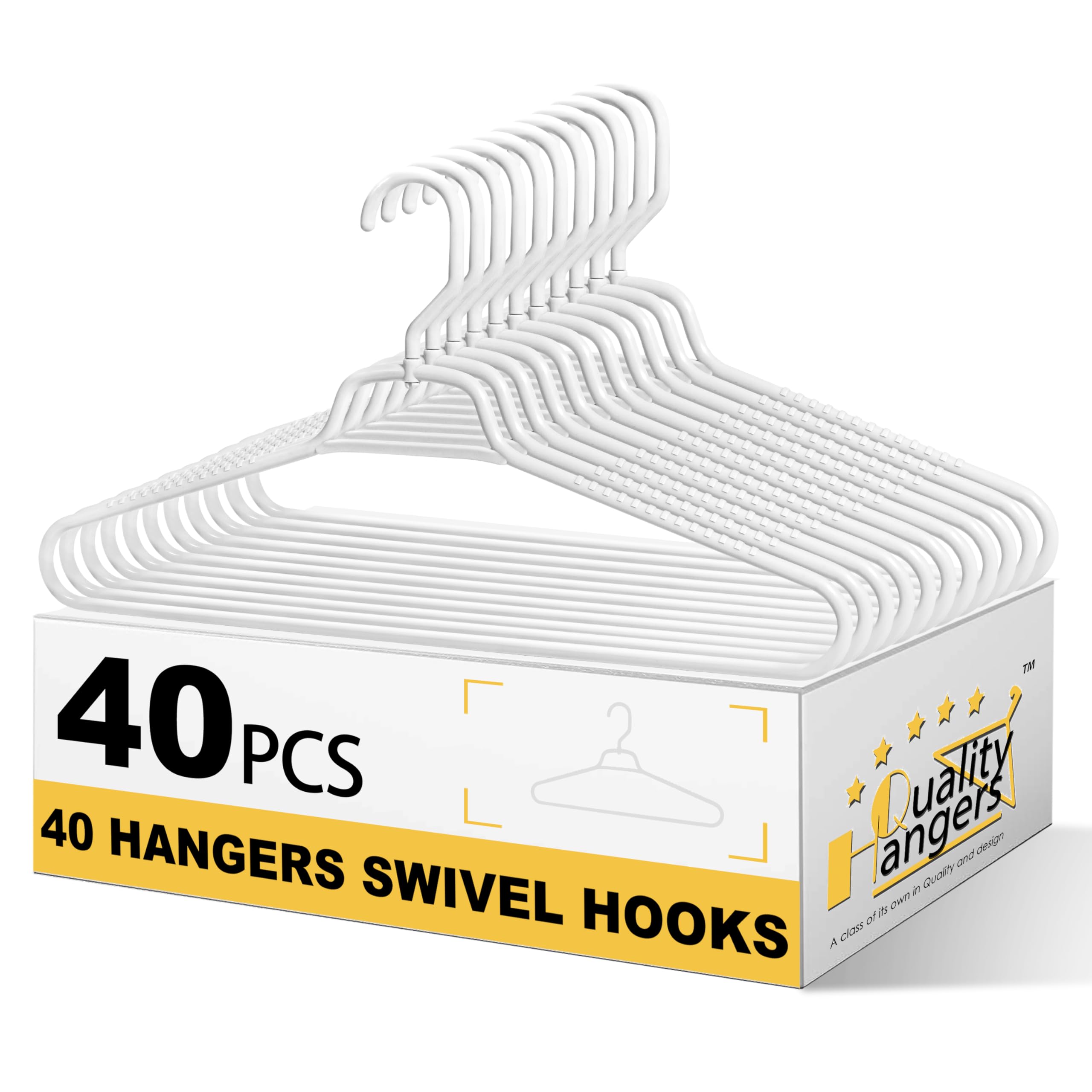 Quality Hangers Heavy Duty White Plastic Hangers 40-Pack with Swivel Hook | 7mm Thick Non Slip Coat Hangers with Accessory Bar | Ideal Clothes Hangers Plastic for Everyday Use | 17 Inches (40, White)