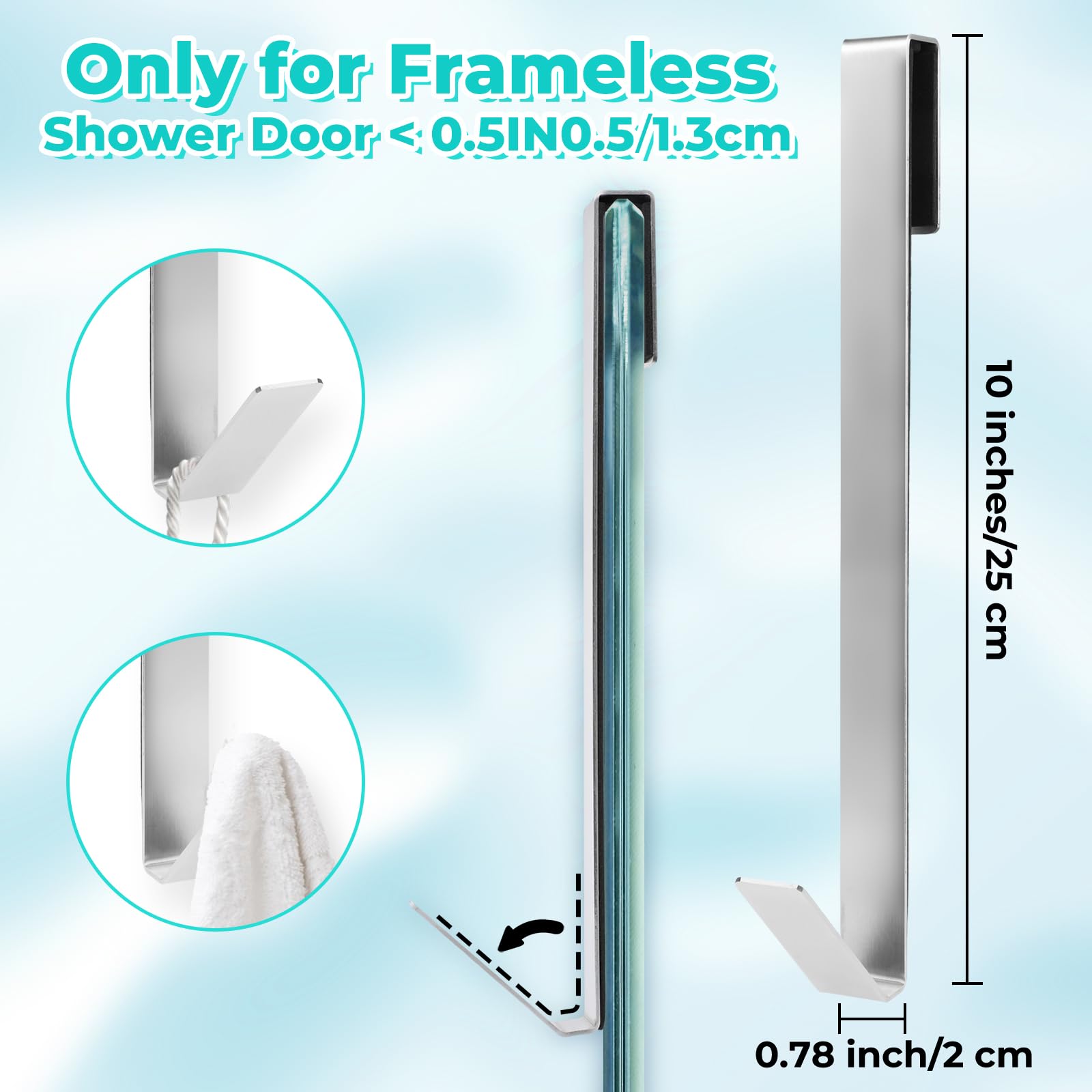 Qianyu 2 Pack 10 Inch Shower Door Hooks Towel Hooks for Bathrooms Extended Heavy Duty Drilling-Free Shower Robe Hook Suitable for Frameless Glass Shower Door Over The Door Towel Rack