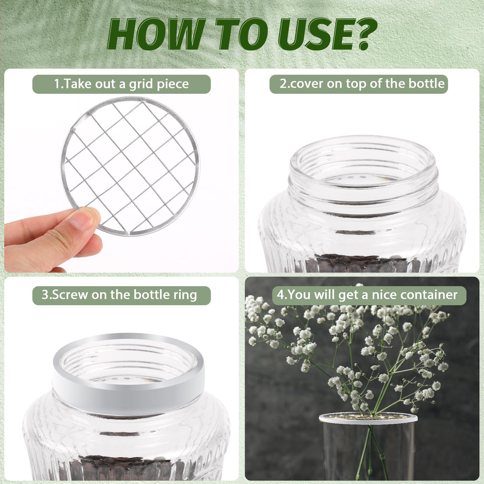 Mason Jar Lids, 15Pcs Metal Wide Mouth Mason Jar Lid Organizer Universal Mason Jar Covers Flower Organizer Lid Insert with Square Grids Mesh Cover Flower Grid for Vase for Home Office Flower Arranging