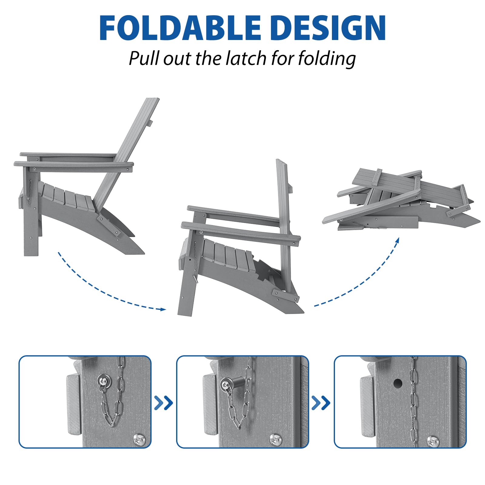 Folding Adirondack Chair Weather Resistant Foldable Fire Pit Chairs HDPE Outdoor Adirondack Chair for Patio Front Porch Pool Garden Deck Fire Pit Outside, Light Grey