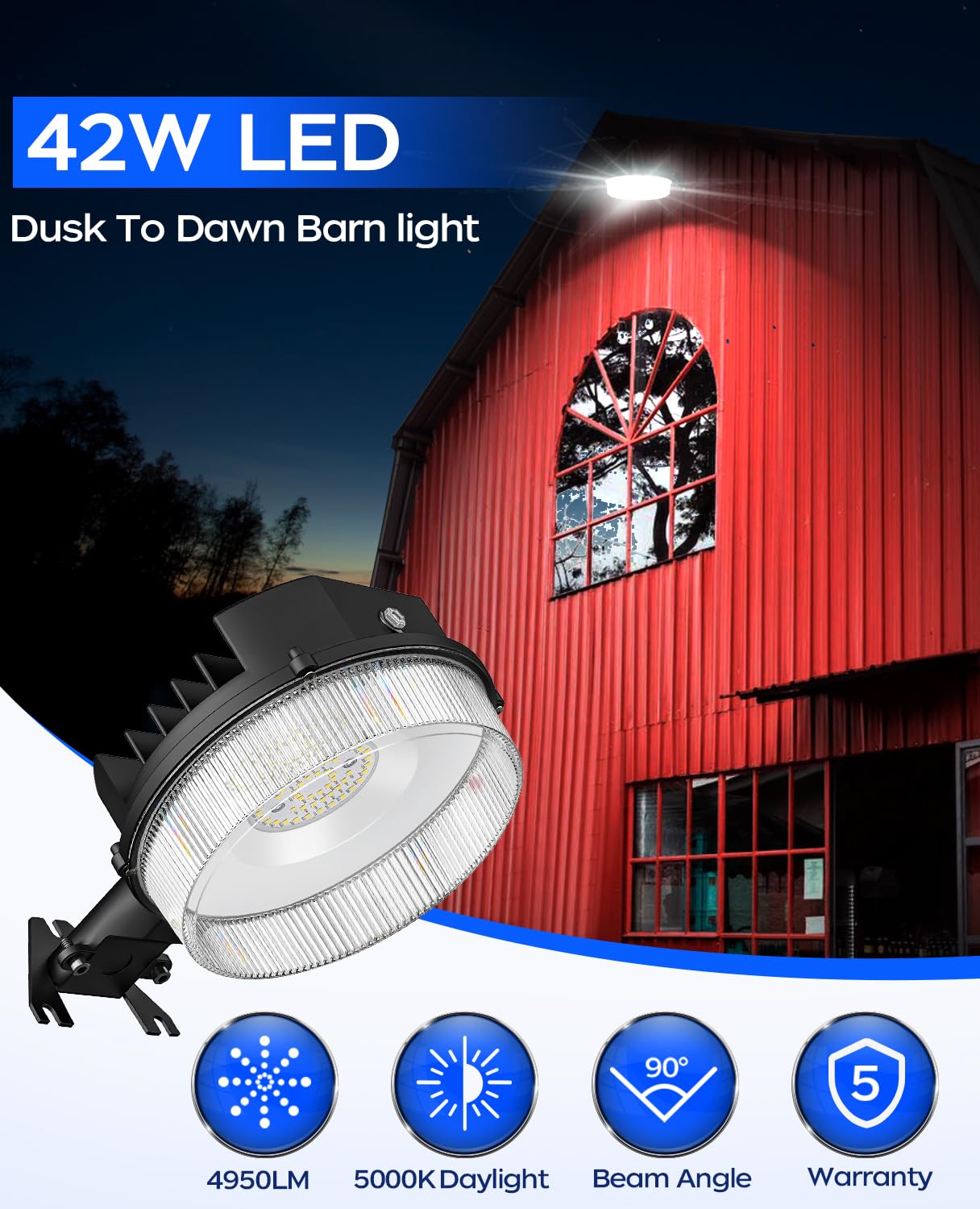 CINOTON 42W LED Barn Light Dusk to Dawn Outdoor Lighting, Black 1 Pack & Outdoor Solar Landscape Pathway Lights Warm White & Multicolor 4 Pack