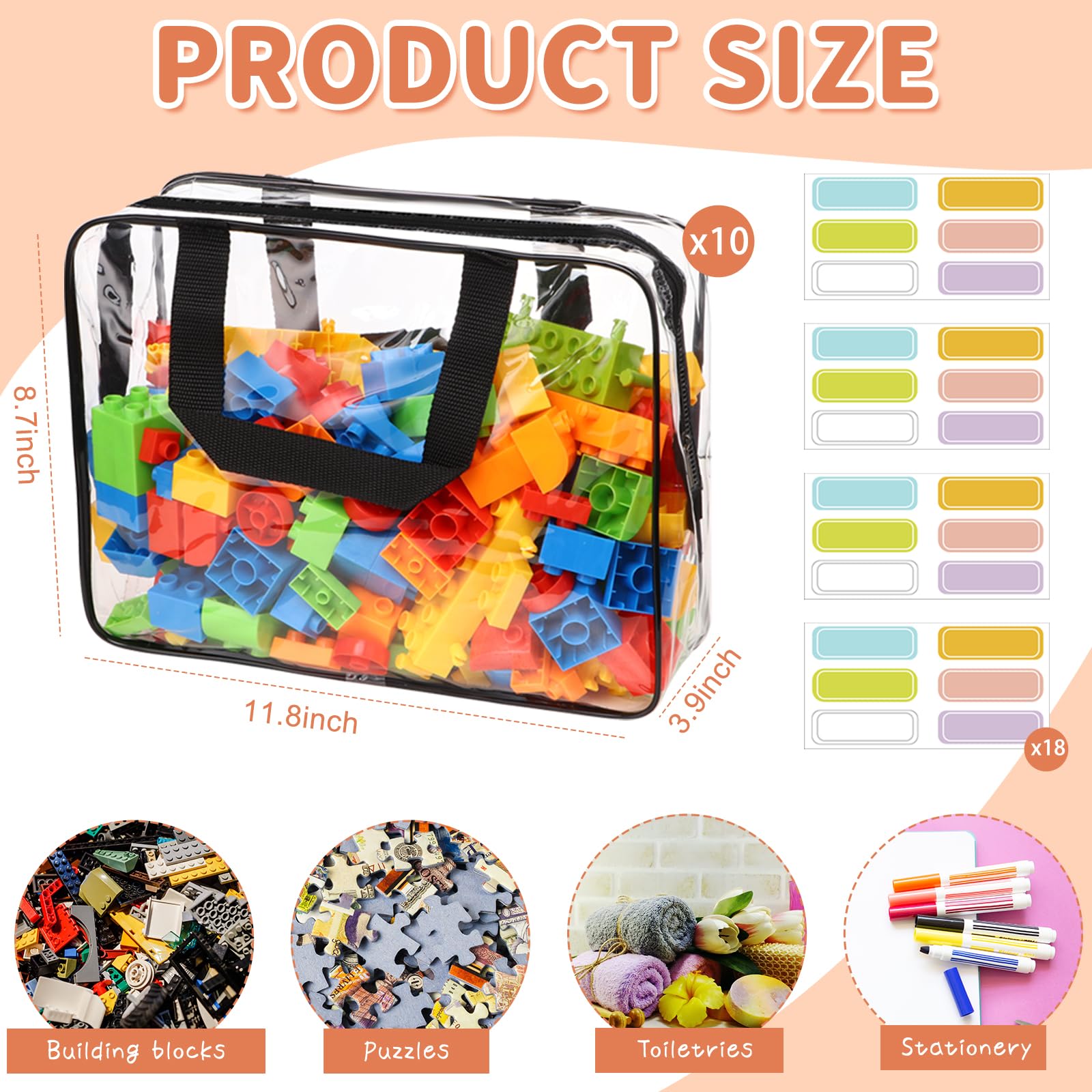 10 Packs Large Toy Storage Bags with Labels, Waterproof Clear PVC Storage Bags for Toys, Travel Organizer Bags with Zipper Closure for Puzzles, Building Blocks, Kids' Books