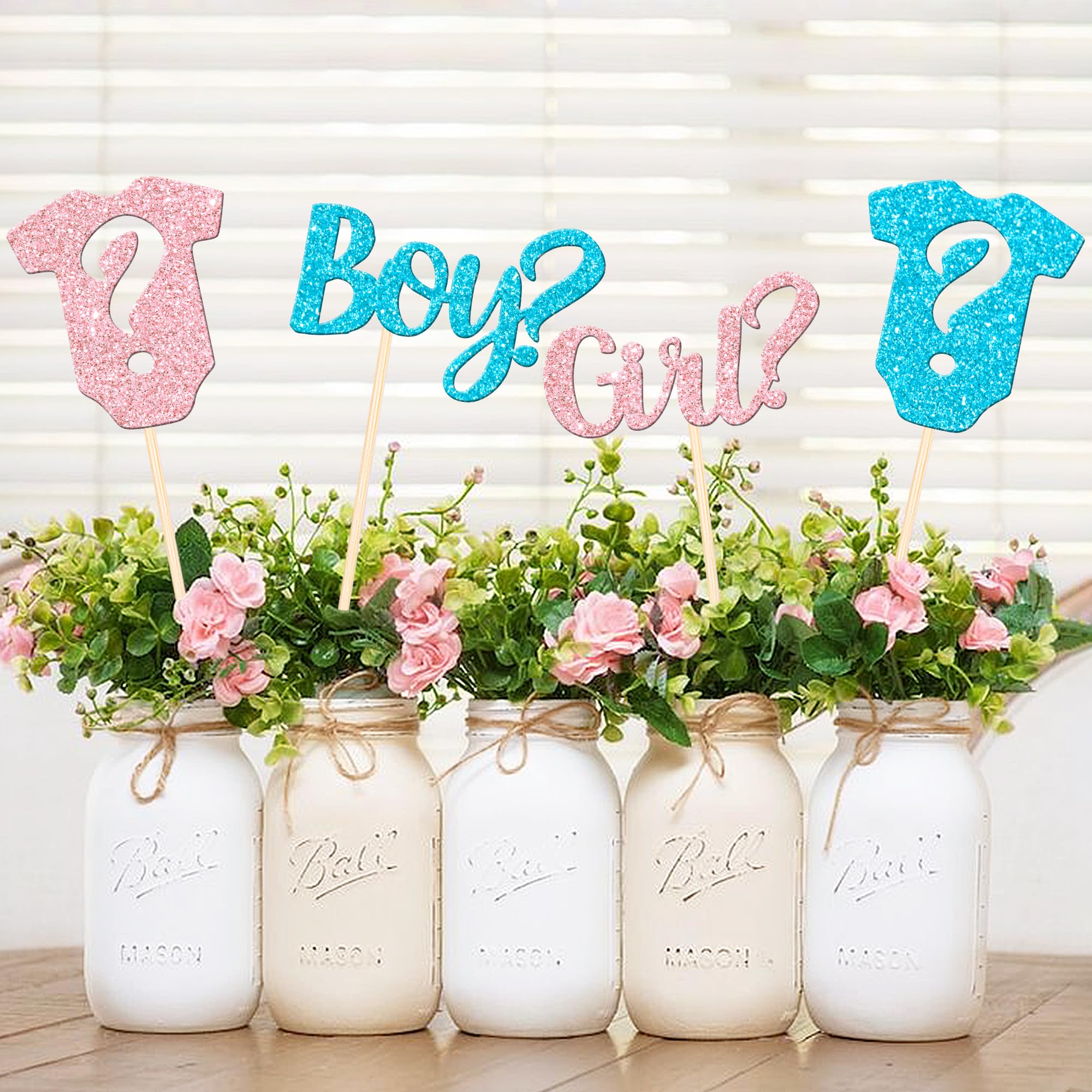 12 PCS Boy or Girl Centerpiece Sticks Double Sided Glitter Onesie Question Mark Gender Reveal Table Flower Centerpieces Sticks for Baby Shower Kids Birthday Party Table Flowers Decorations Supplies