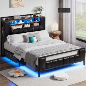 alohappy queen bed frame with storage headboard & charging station, pu leather platform bed frame queen size with led lights and hidden storage, heavy duty metal slats, no box spring needed, black