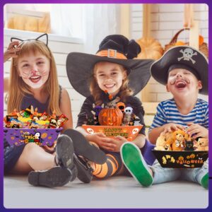 36 Pcs Halloween Baskets for Gift 9.8 x 6.5 Inch Halloween Basket to Fill Include 12 Cardboard Tray with Handles 12 Cellophane Bags 12 Bows Ribbons Gift Basket for Halloween Trick or Treat Party