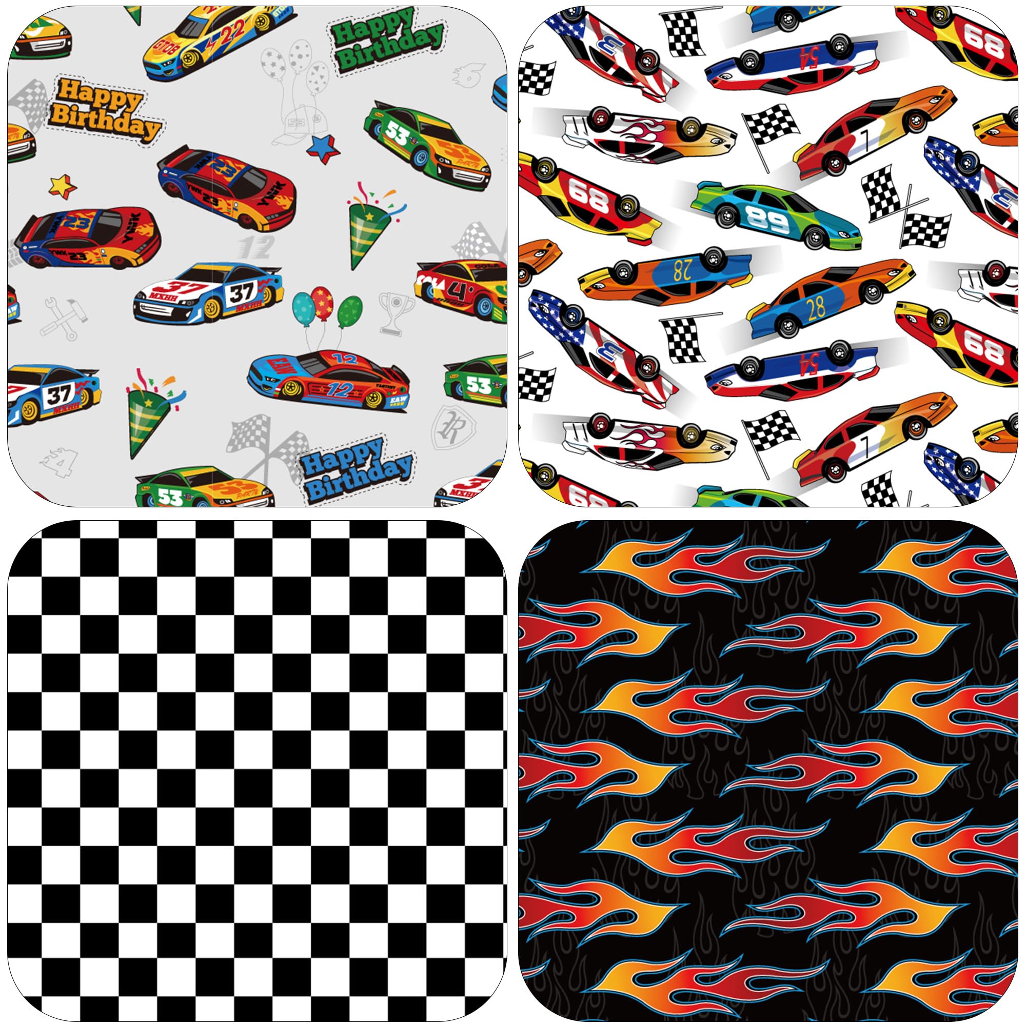 ZINTBIAL Race Car Wrapping Paper for Kids Birthday - Flames, Checkered Flags, Colorful Racing Cars and Happy Birthday Words Designs - 20 x 29 Inches, 8 Folded Sheets, Easy to Store…