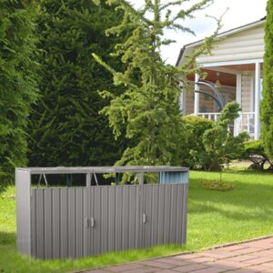 yopto garbage bin storage shed for 3 trash cans,outdoor trash can storage for patio,stainless galvanized steel bin shed,rust-proof & scratch-resistant trash can hider,for garden,yard,lawn,grey