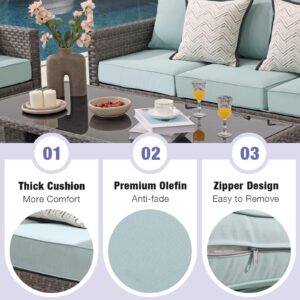 SUNSITT Patio Furniture Set 7-pcs Outdoor Furniture Conversation Sets with Lift Dining Table Wicker Patio Furniture Outdoor Couch Grey Rattan Light Cyan Cushion for Garden, Backyard, Lawn