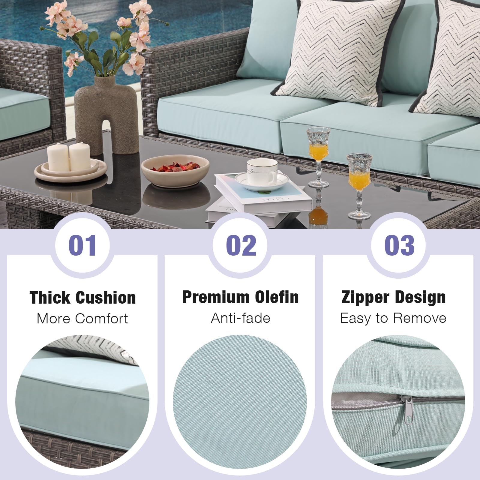 SUNSITT Patio Furniture Set 7-pcs Outdoor Furniture Conversation Sets with Lift Dining Table Wicker Patio Furniture Outdoor Couch Grey Rattan Light Cyan Cushion for Garden, Backyard, Lawn