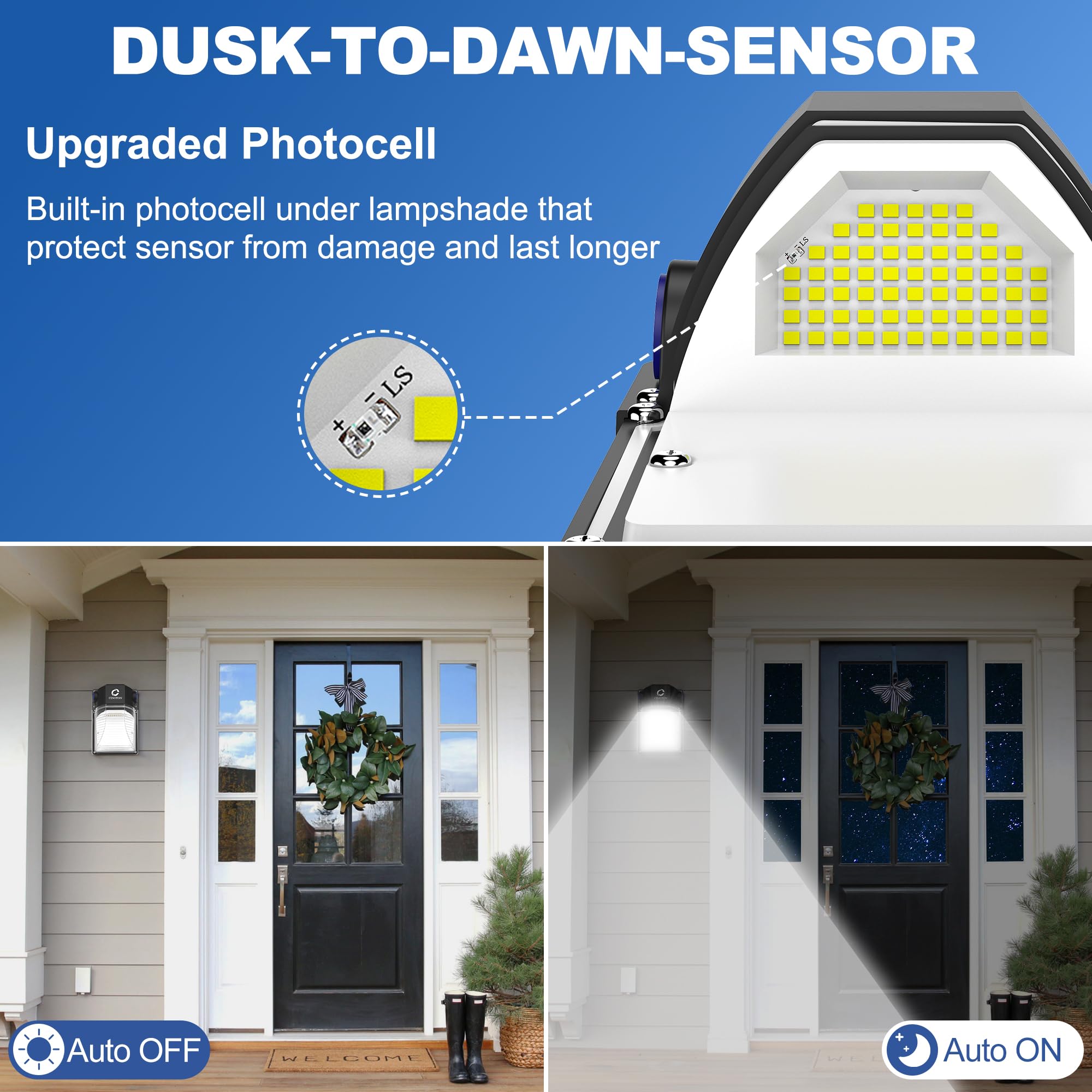 CINOTON 42W LED Barn Light Dusk to Dawn Outdoor Lighting, Black 2 Pack & 30W LED Wall Pack Light with Dusk to Dawn Sensor 4 Pack