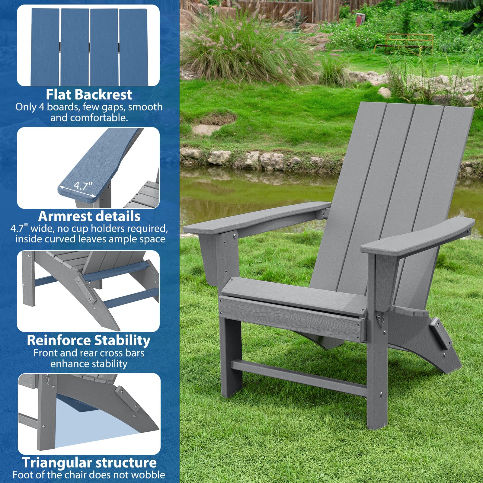 Folding Adirondack Chair Weather Resistant Foldable Fire Pit Chairs HDPE Outdoor Adirondack Chair for Patio Front Porch Pool Garden Deck Fire Pit Outside, Light Grey