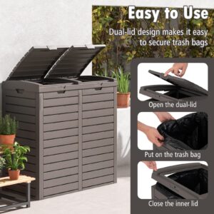 Toolsempire 62 Gallon Outdoor Trash Can, Dual Garbage Can with Lid & Drip Tray, Outside Trash Bin Garbage Bin for Patio, Backyard, Deck & Roadside (Coffee)