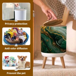 PHAIBHKERP Trash Can with Lid Abstract Luxury Marble Art marbling Texture Green Gold 3D Garbage Can Round Waste Bin Press Cover Dog Proof Wastebasket for Kitchen Bathroom Living Room Nursery 1.8gal