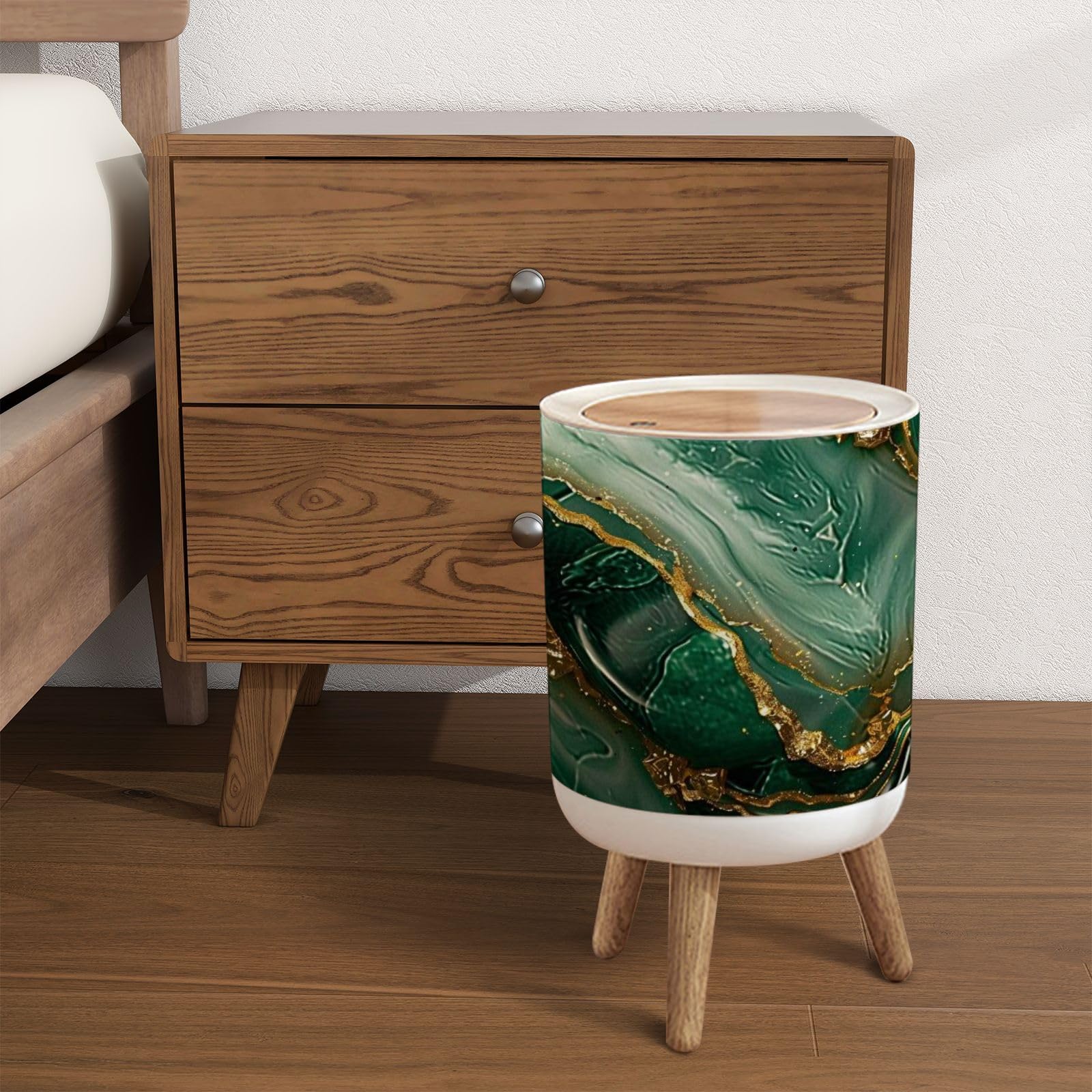 PHAIBHKERP Trash Can with Lid Abstract Luxury Marble Art marbling Texture Green Gold 3D Garbage Can Round Waste Bin Press Cover Dog Proof Wastebasket for Kitchen Bathroom Living Room Nursery 1.8gal