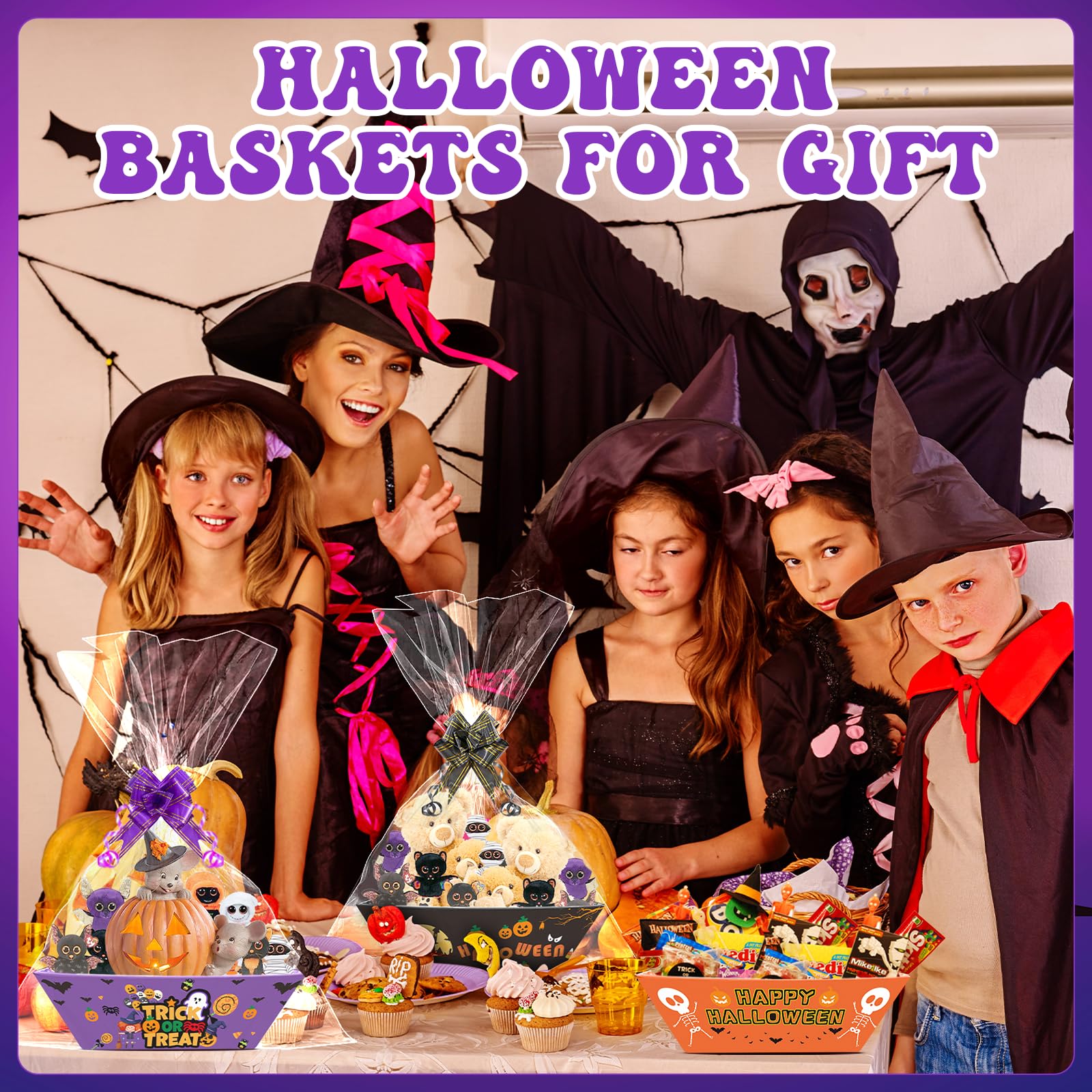 36 Pcs Halloween Baskets for Gift 9.8 x 6.5 Inch Halloween Basket to Fill Include 12 Cardboard Tray with Handles 12 Cellophane Bags 12 Bows Ribbons Gift Basket for Halloween Trick or Treat Party