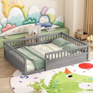 floor bed for kids, full size montessori bed with high fence railings, wood playhouse bed with rails for baby boys girls teens, no slats included, gray