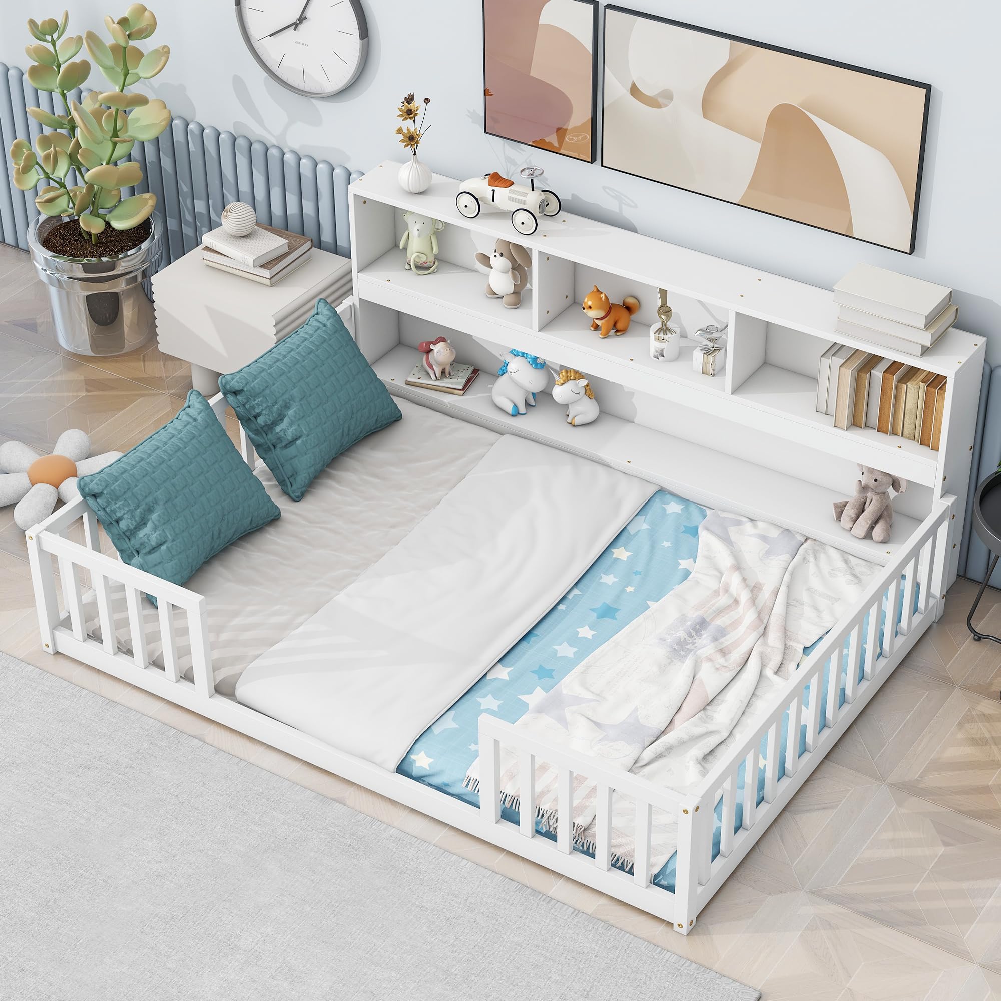 ROCKINGRUN Montessori Floor Bed with Bedside Bookcase and Safety Guardrails, Full Size Solid Pine Wood Floor Bed Frame with Fence, for Kids, Girls, Boys, Child Bedroom, Kids Playroom (White)