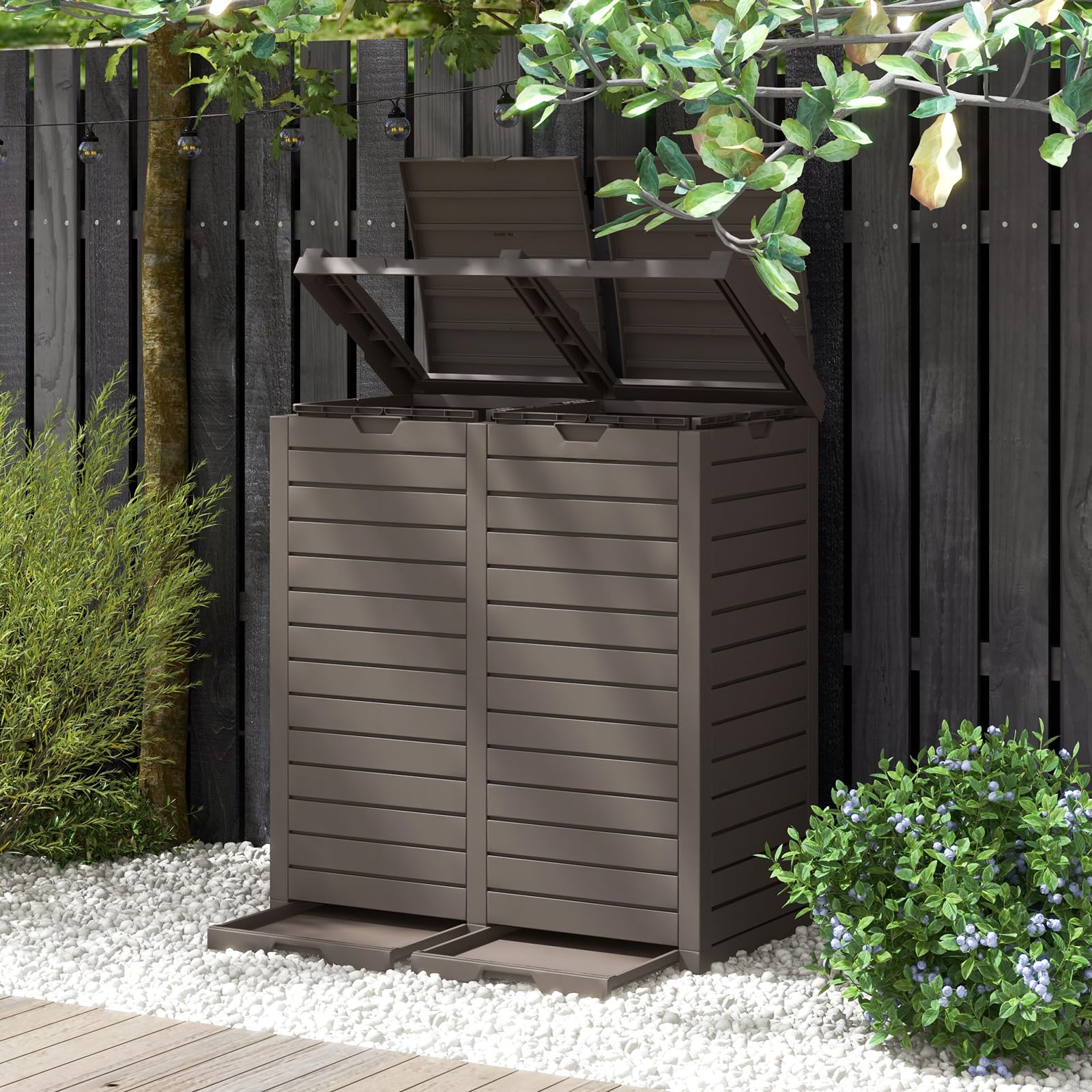 Toolsempire 62 Gallon Outdoor Trash Can, Dual Garbage Can with Lid & Drip Tray, Outside Trash Bin Garbage Bin for Patio, Backyard, Deck & Roadside (Coffee)