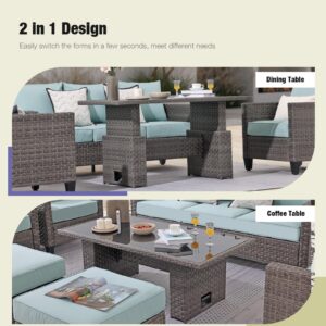 SUNSITT Patio Furniture Set 7-pcs Outdoor Furniture Conversation Sets with Lift Dining Table Wicker Patio Furniture Outdoor Couch Grey Rattan Light Cyan Cushion for Garden, Backyard, Lawn