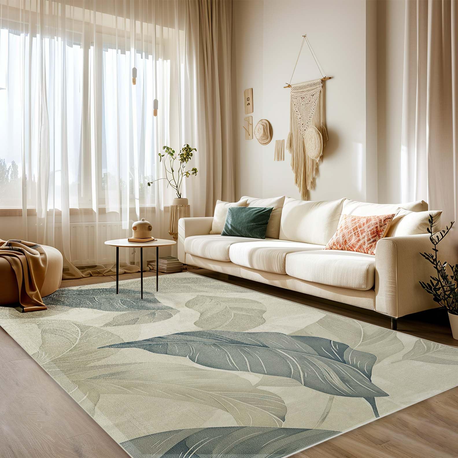 Area Rug 5x7 Tropical Leaves Modern Abstract Minimalist Aesthetic Artistic Large Carpet Non Slip Washable Indoor Rugs for Home Kitchen Living Room Bedroom Dining Room Office