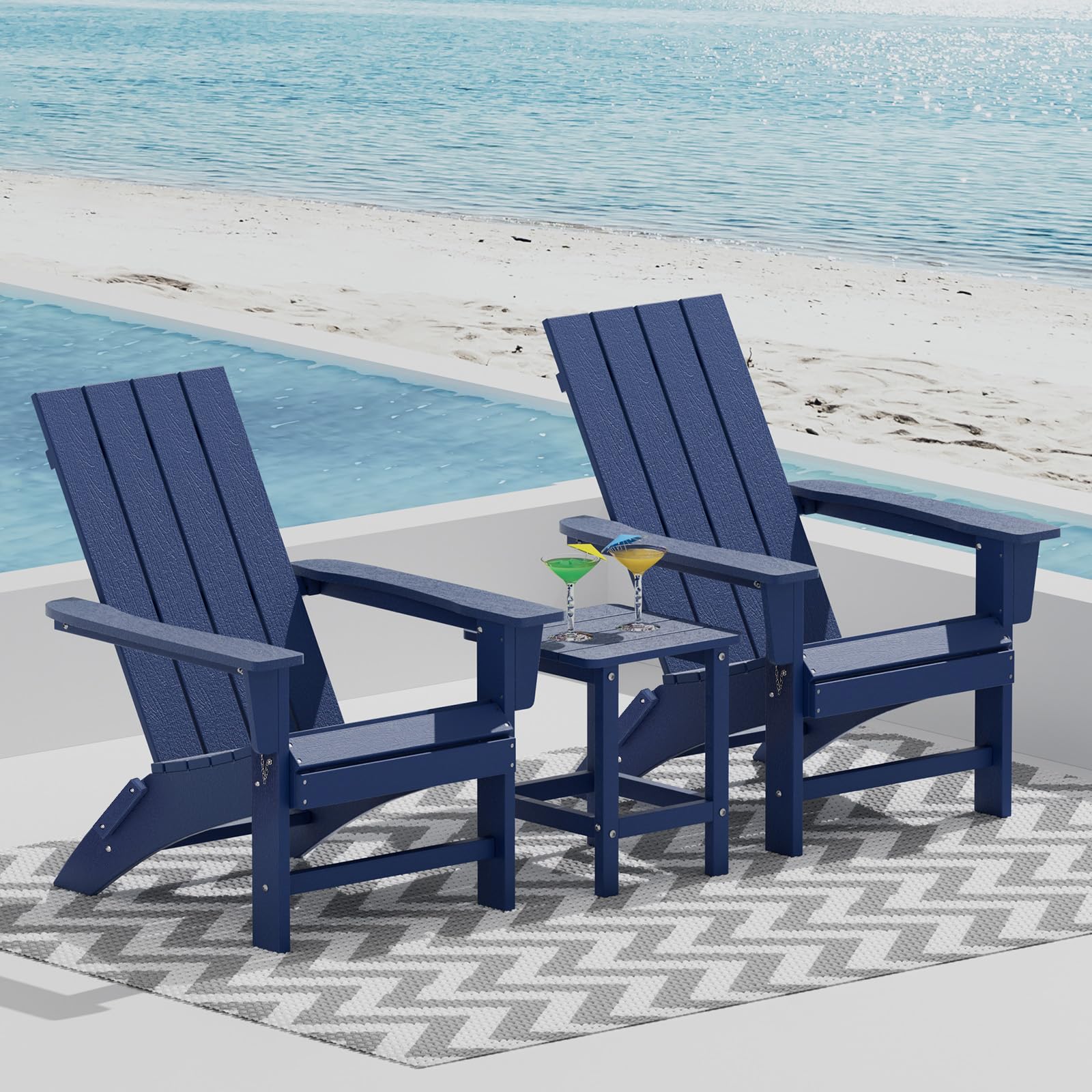 Folding Adirondack Chair Set of 2 with Table Weather Resistant Foldable Fire Pit Chairs HDPE Outdoor Adirondack Chair for Patio Front Porch Pool Garden Deck Fire Pit Outside, Navy Blue