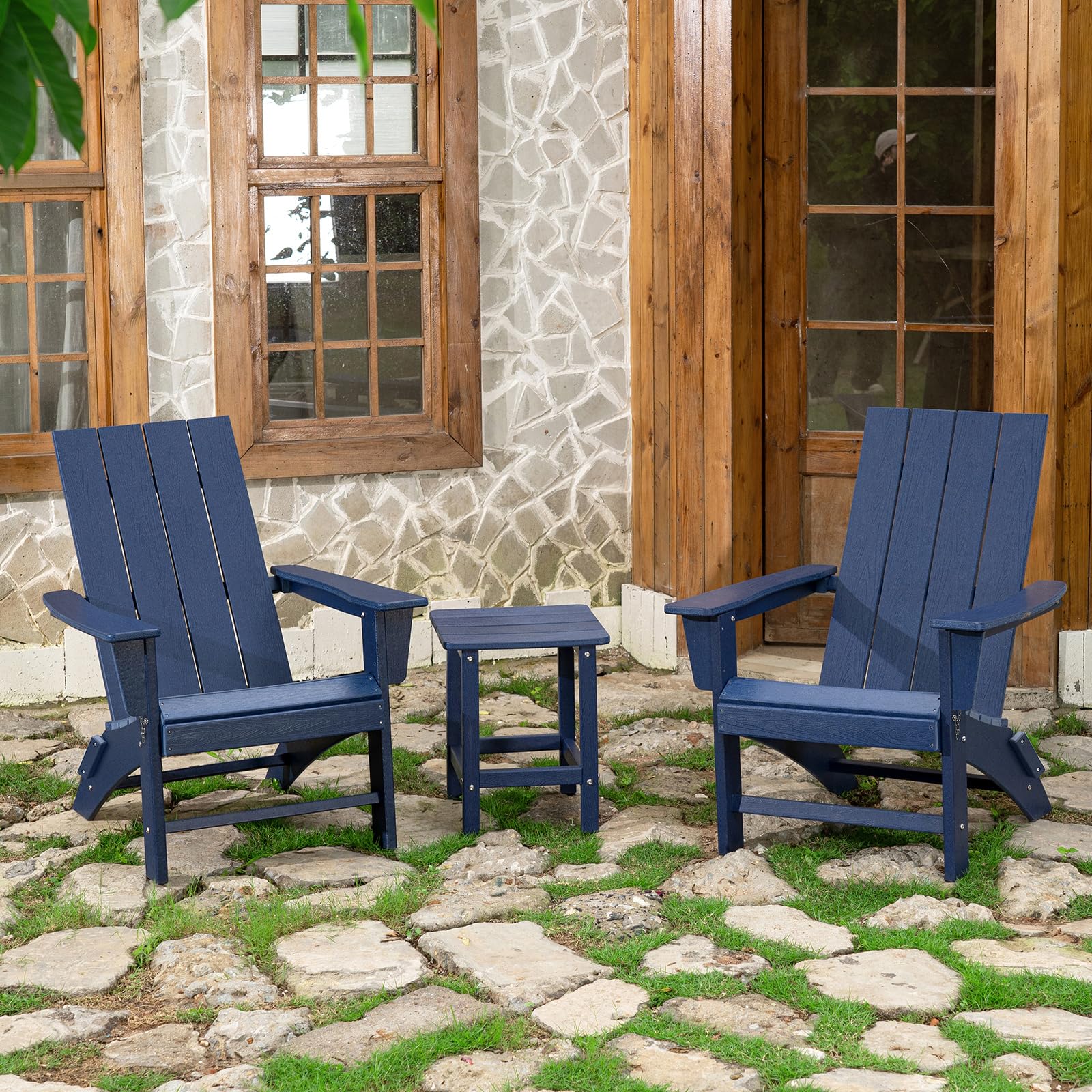 Folding Adirondack Chair Set of 2 with Table Weather Resistant Foldable Fire Pit Chairs HDPE Outdoor Adirondack Chair for Patio Front Porch Pool Garden Deck Fire Pit Outside, Navy Blue