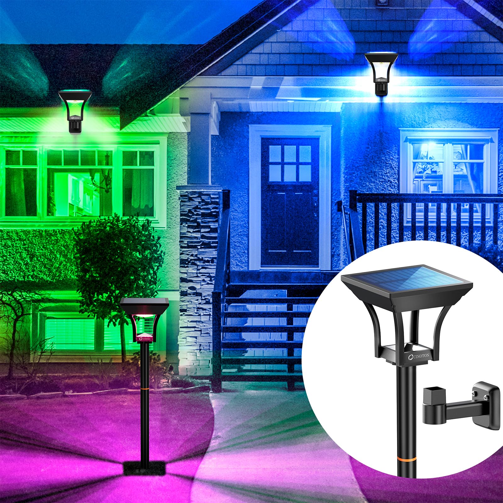 CINOTON 42W LED Barn Light Dusk to Dawn Outdoor Lighting, Black 1 Pack & Outdoor Solar Landscape Pathway Lights Warm White & Multicolor 4 Pack