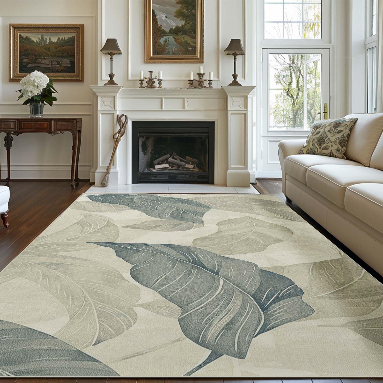 Area Rug 5x7 Tropical Leaves Modern Abstract Minimalist Aesthetic Artistic Large Carpet Non Slip Washable Indoor Rugs for Home Kitchen Living Room Bedroom Dining Room Office