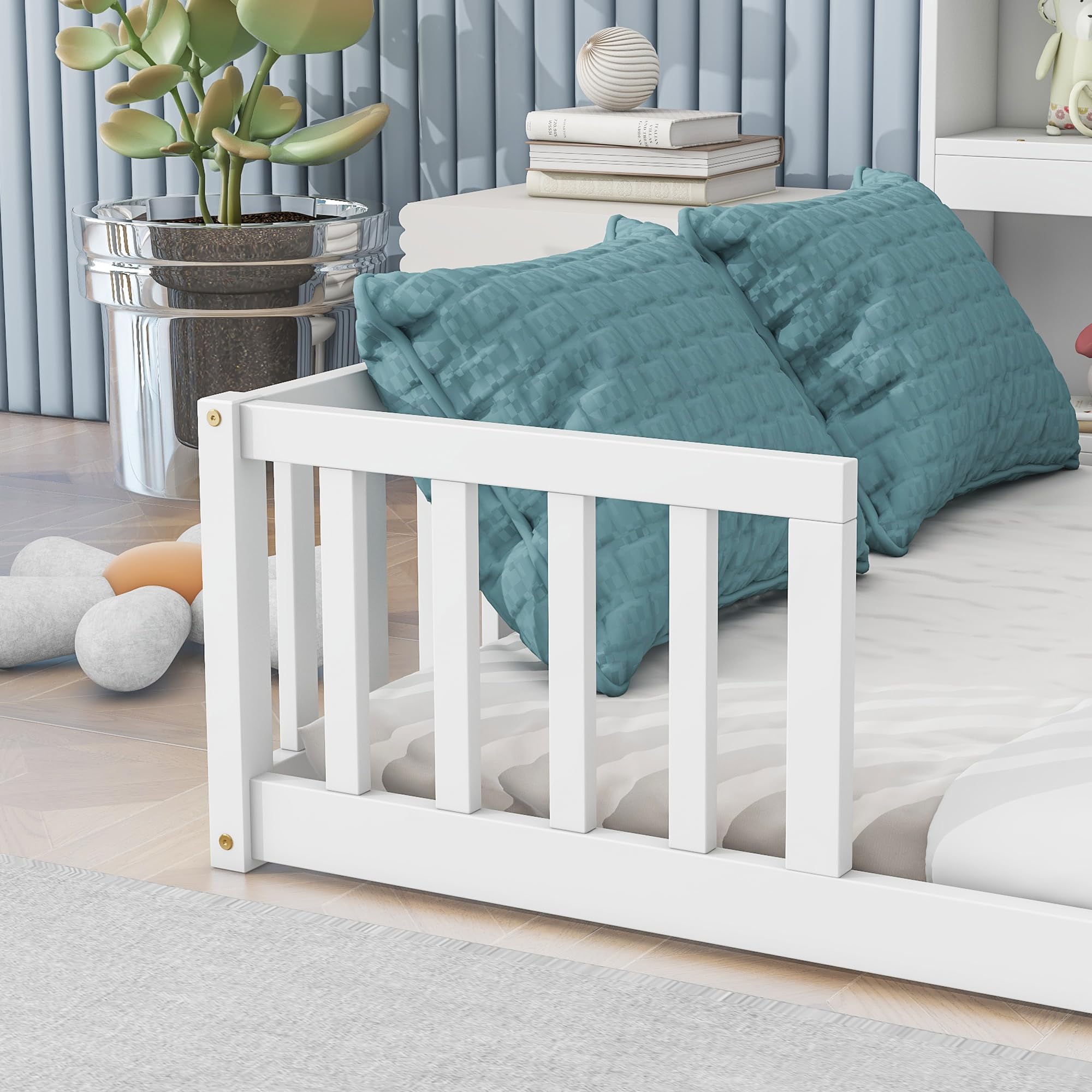 ROCKINGRUN Montessori Floor Bed with Bedside Bookcase and Safety Guardrails, Full Size Solid Pine Wood Floor Bed Frame with Fence, for Kids, Girls, Boys, Child Bedroom, Kids Playroom (White)