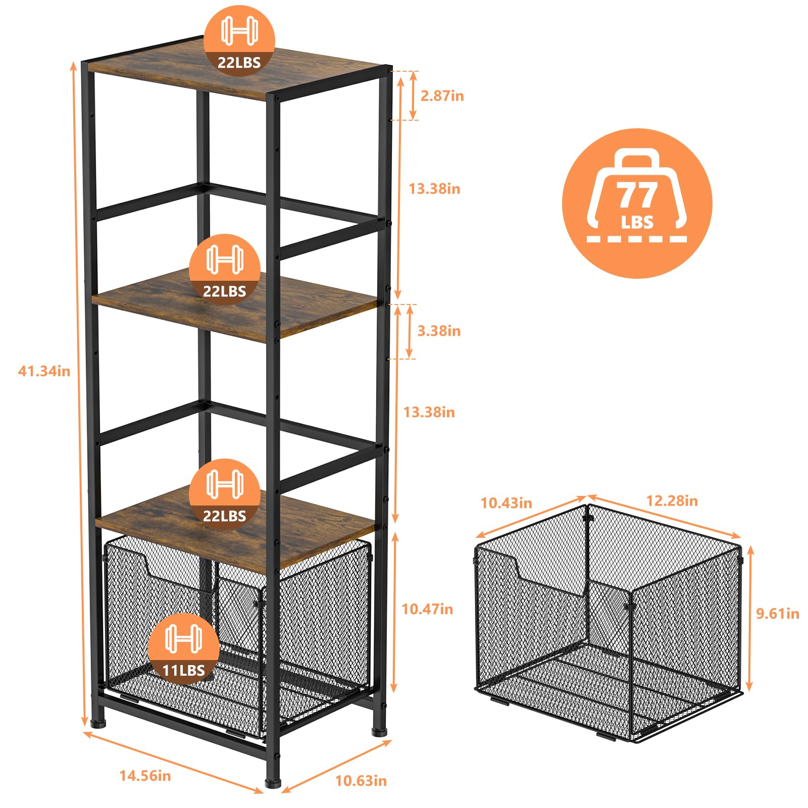 4-Tier Adjustable Kitchen Storage Rack - Kitchen Shelf Organizer Freestanding, Kitchen Storage Shelves with Wire Drawer, Metal Shelving Unit with Wood Board, Versatile Narrow Shelf for Small Space