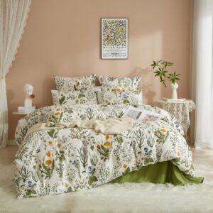 yasmeng 3pcs floral duvet cover set queen size 100% cotton green botanical flower on white bedding farmhouse rustic garden style comforter cover soft breathable plant patterned duvet cover