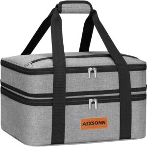 asxsonn double decker insulated casserole carrier for hot or cold food, expandable insulated food carrier for parties, picnic, beach, fits 9"x13" baking dish (grey)