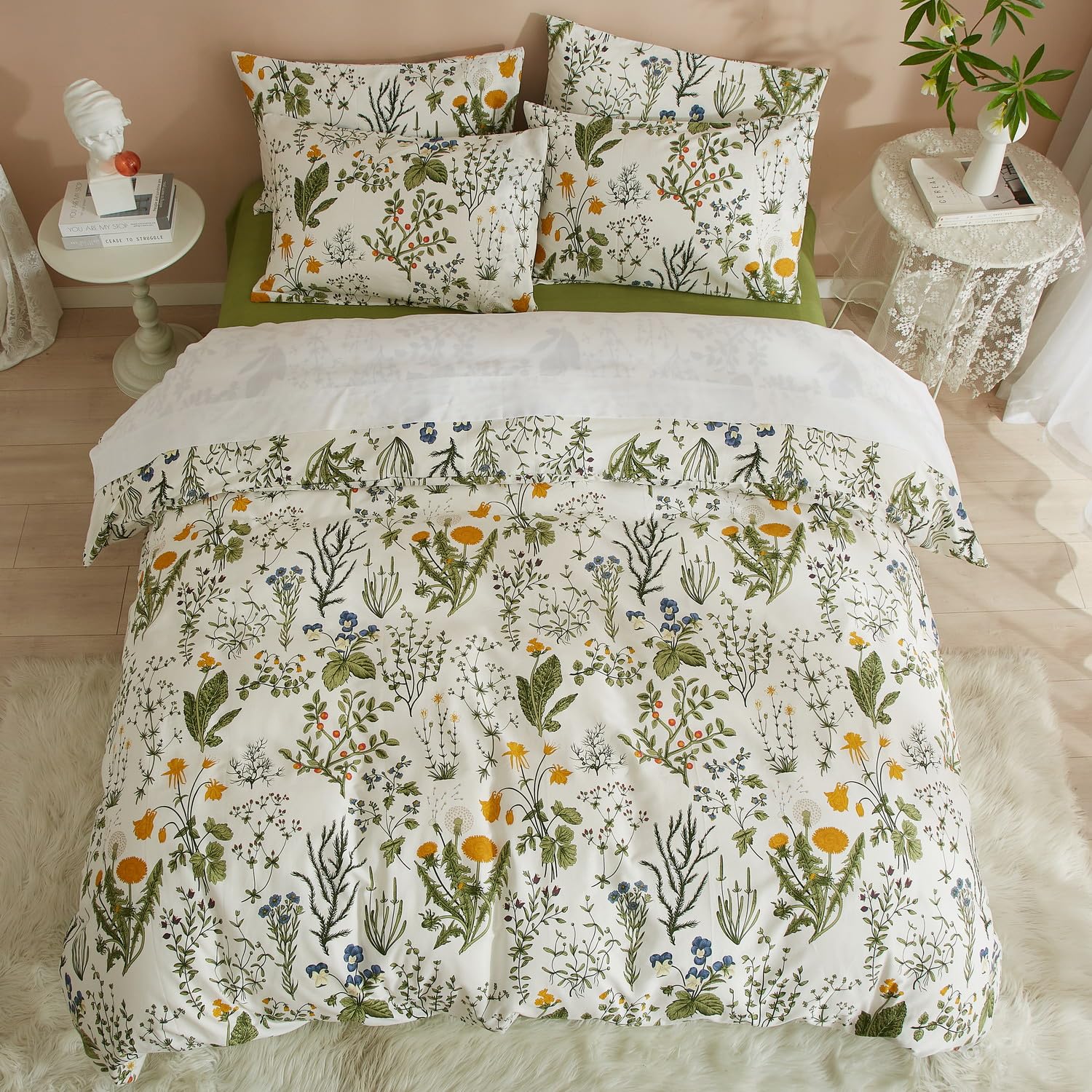 YASMENG 3Pcs Floral Duvet Cover Set Queen Size 100% Cotton Green Botanical Flower on White Bedding Farmhouse Rustic Garden Style Comforter Cover Soft Breathable Plant Patterned Duvet Cover