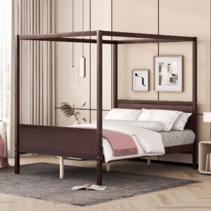 merax queen size canopy bed with headboard and footboard, solid wood 4 posters platform bed with slat support leg, no box spring needed, espresso