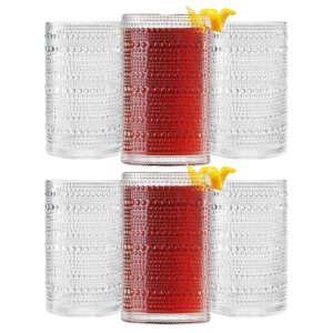 classic reusable plastic drinking glasses, hobnail design, shatterproof | 6 set | clear tritan highball, acrylic unbreakable beaded cups, dishwasher safe 13oz, kitchen cups, bpa-free, indoor, outdoor